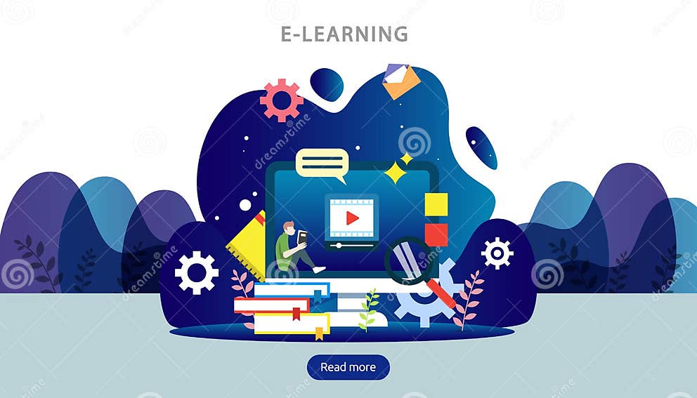 E-learning Concept with Computer, Book and Tiny People Character in ...