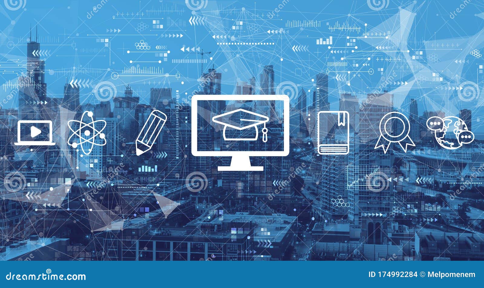 E-learning Concept with Downtown Chicago Stock Illustration ...