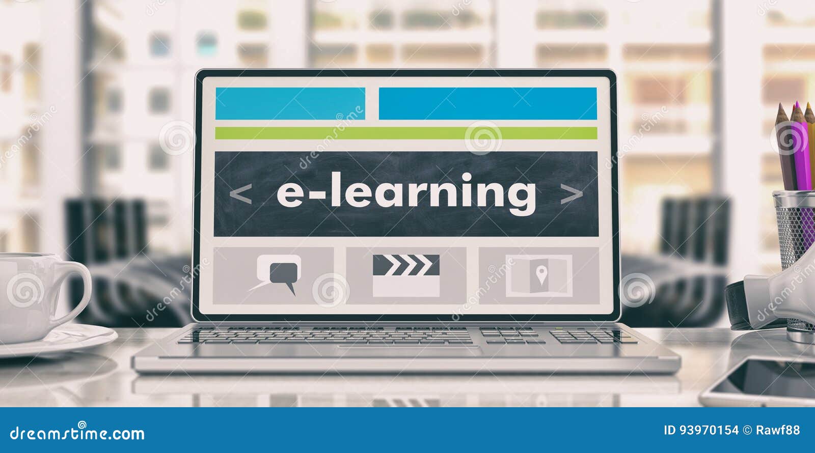 E- Learning Concept. Laptop in an Office. 3d Illustration Stock ...