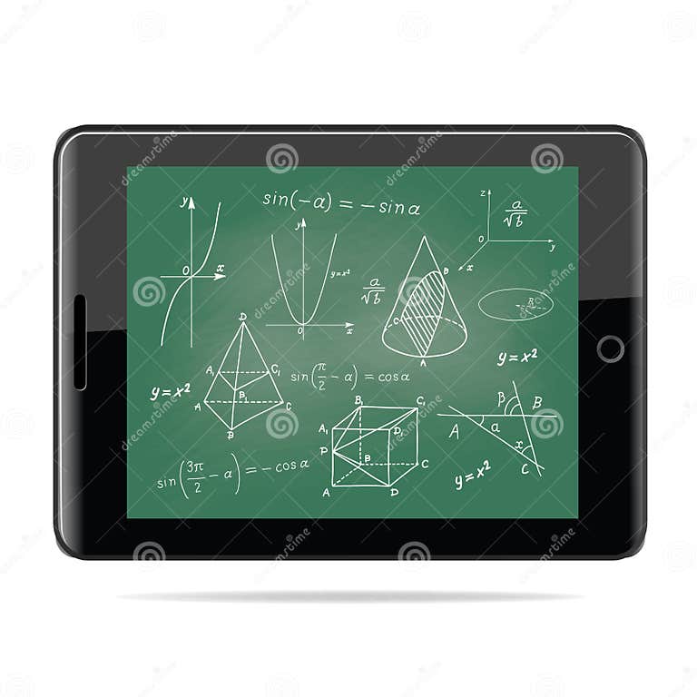 E-learning Concept. Tablet Computer with Mathematics - Geometric Shapes ...