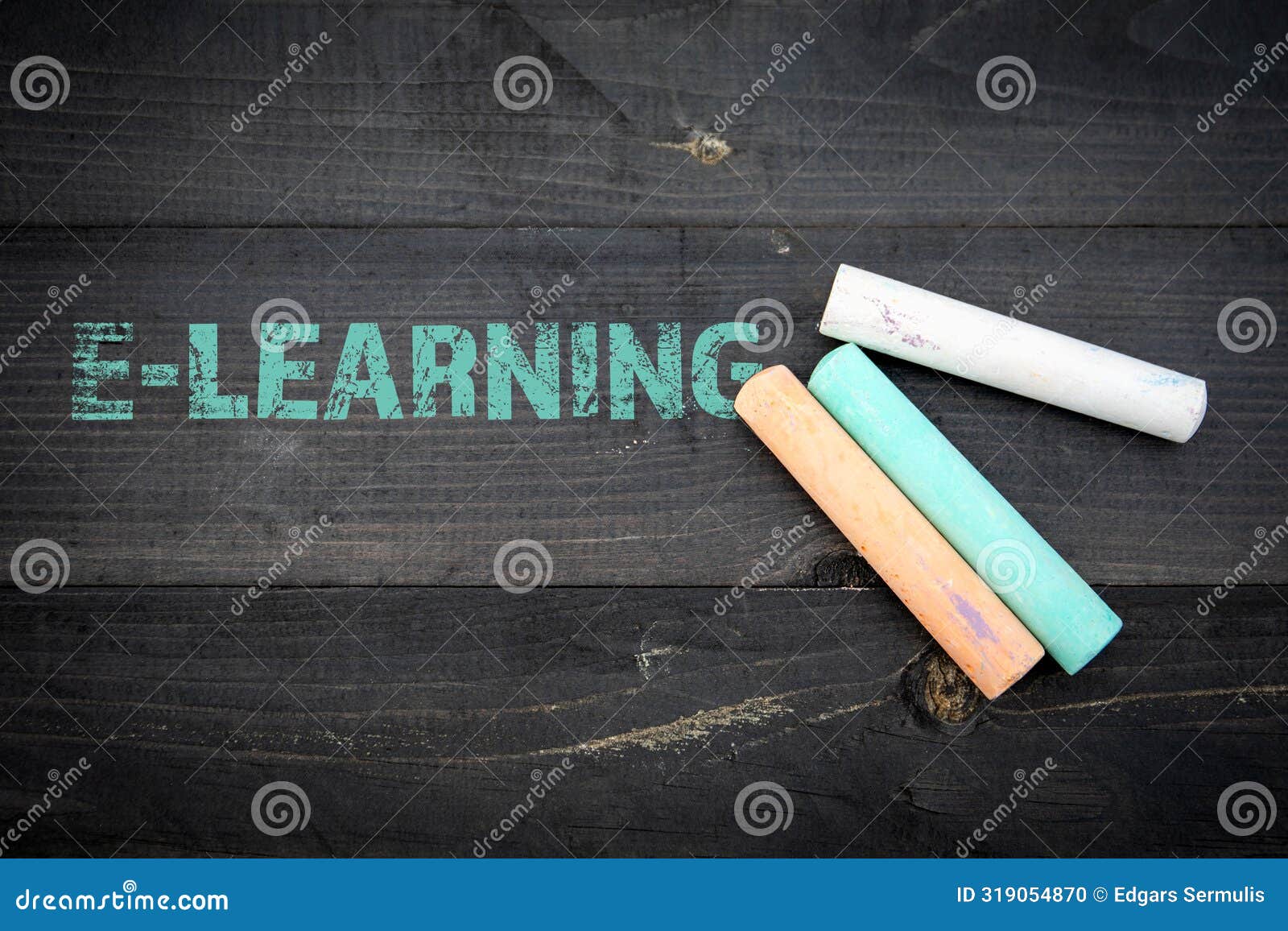 E-Learning Concept. Text and Pieces of Chalk on a Dark Wood Texture ...