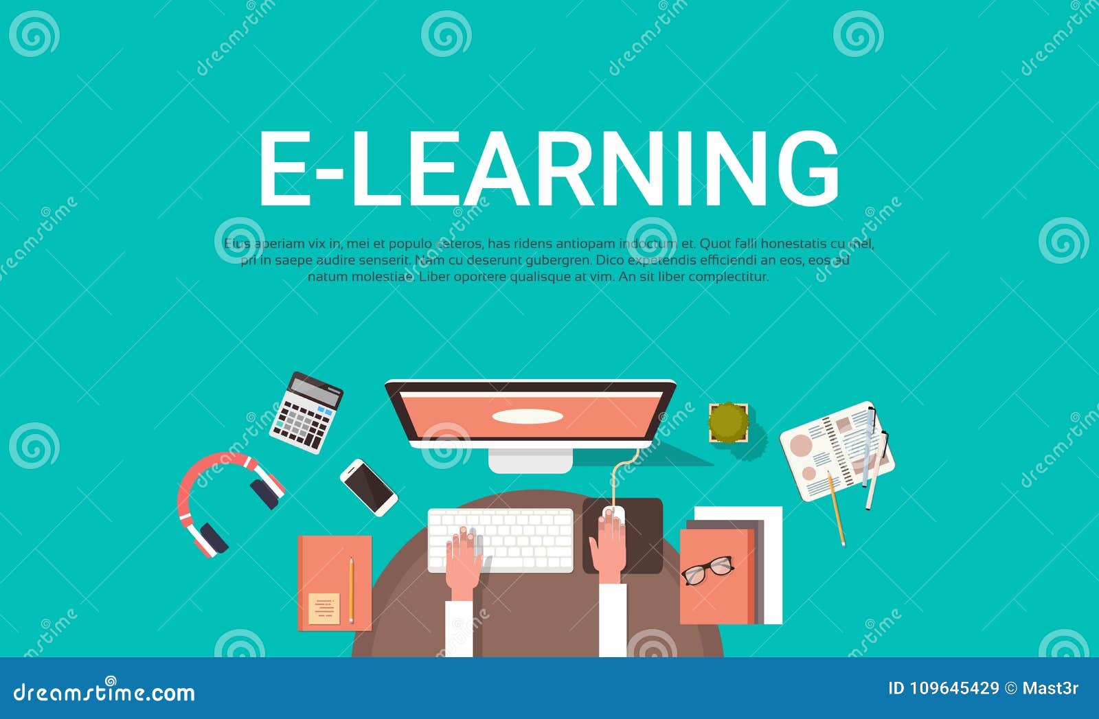 E-learning Education Online and University Banner with Student Desktop ...