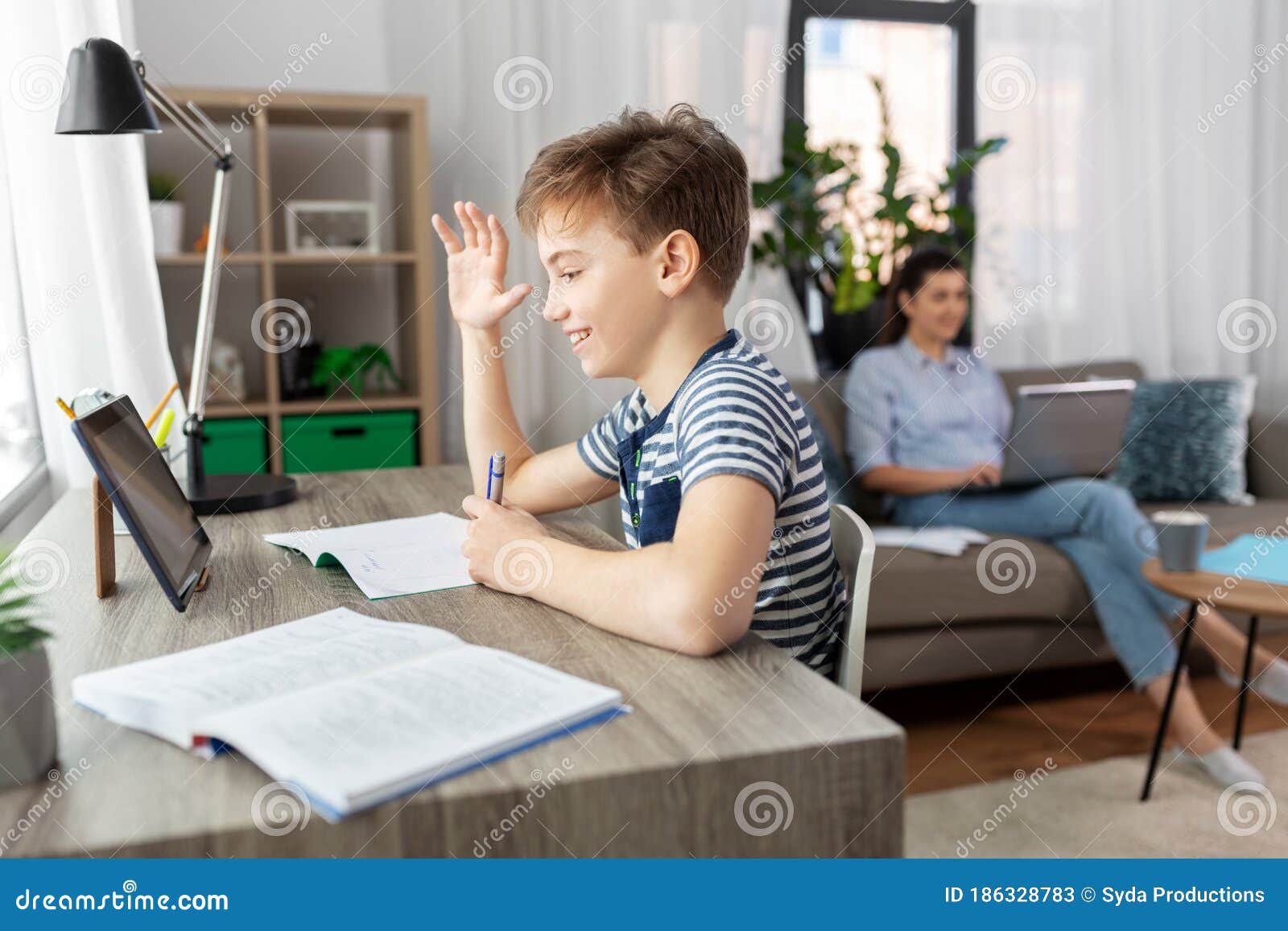 Boy Having Video Call on Tablet Pc at Home Stock Image - Image of ...