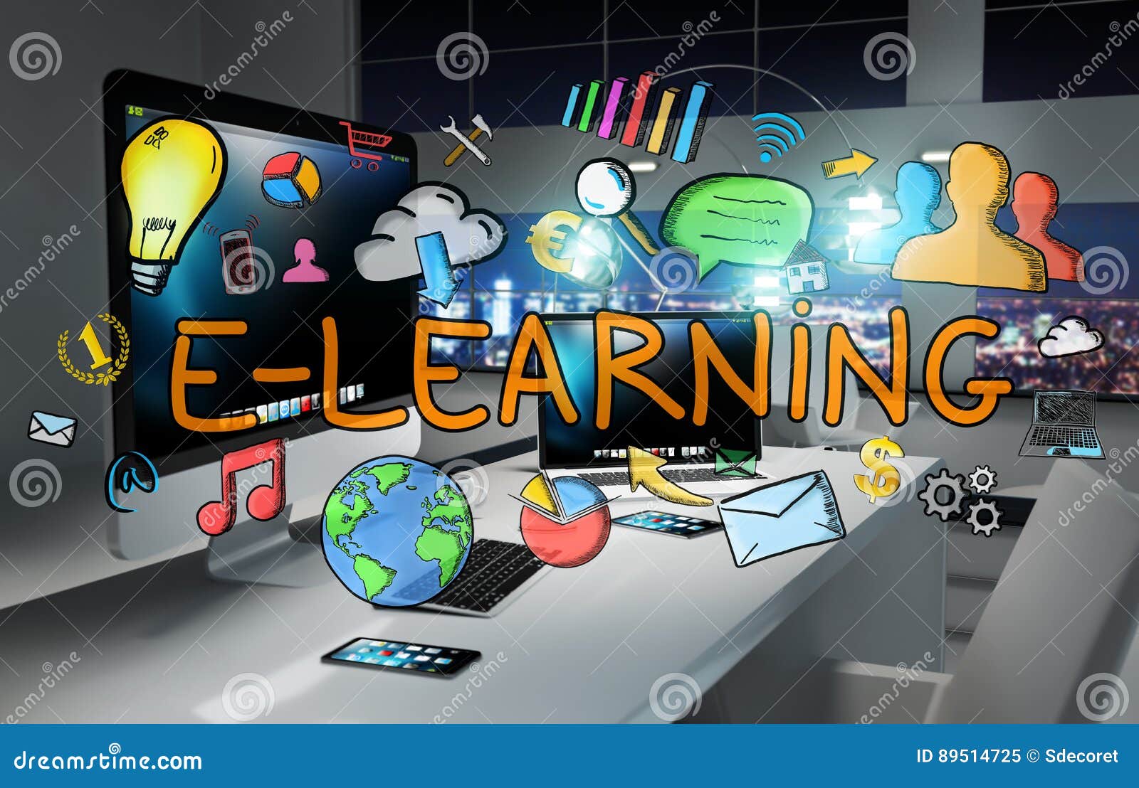 E-learning Hand Drawn Concept in Office 3D Rendering Stock Illustration ...