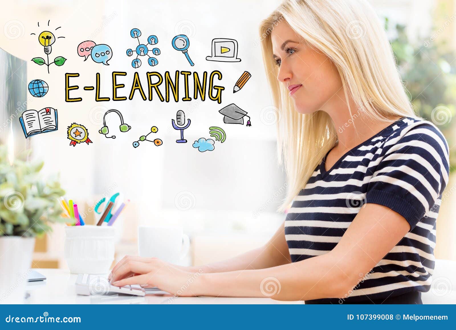 E-Learning with Happy Young Woman in Front of the Computer Stock Photo ...