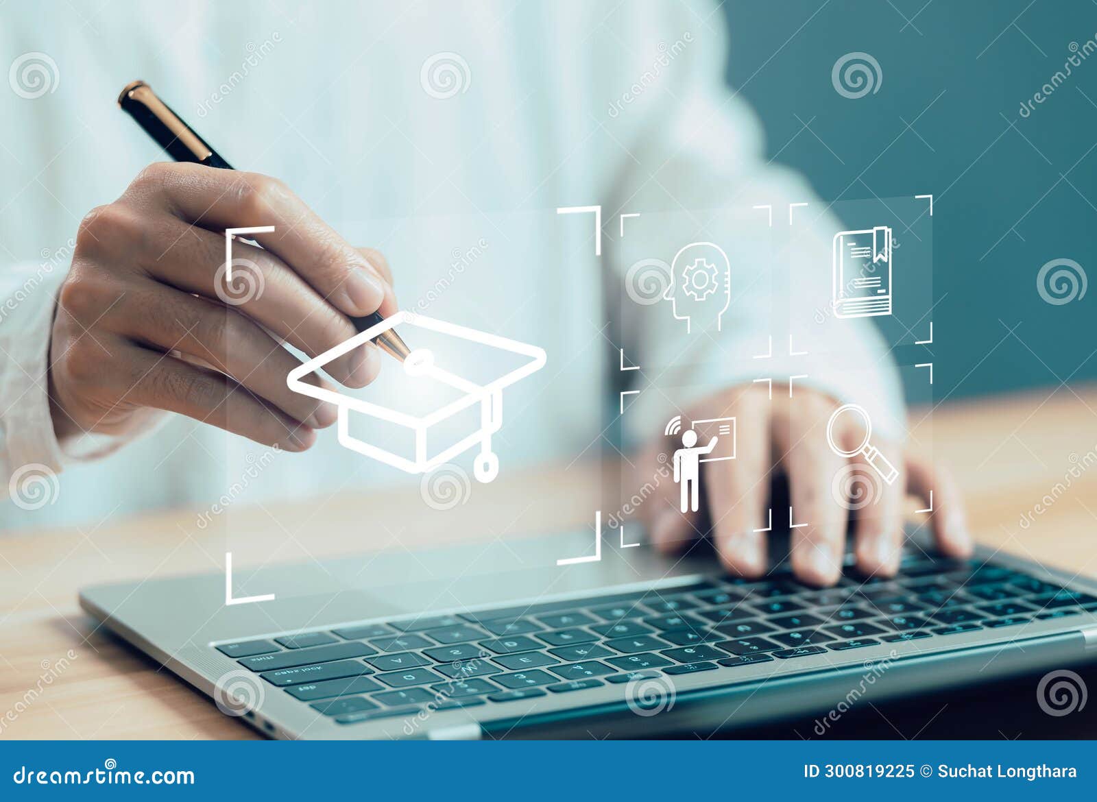 E-learning Icon on a Virtual Screen in a Laptop. Concept Learn, Webinar ...