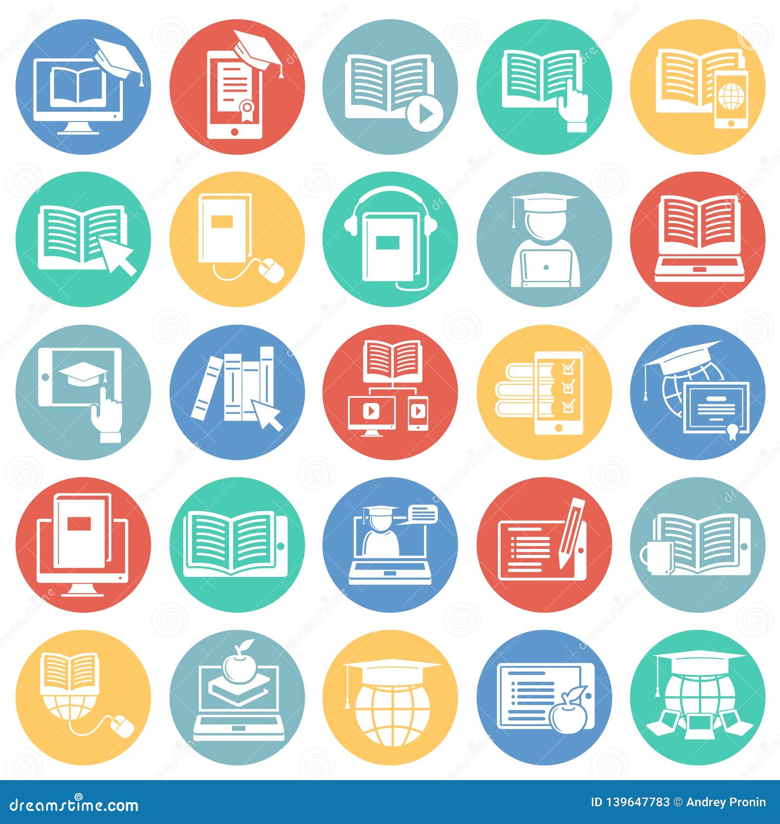 E-Learning Icons Set on Color Circles White Background for Graphic and ...