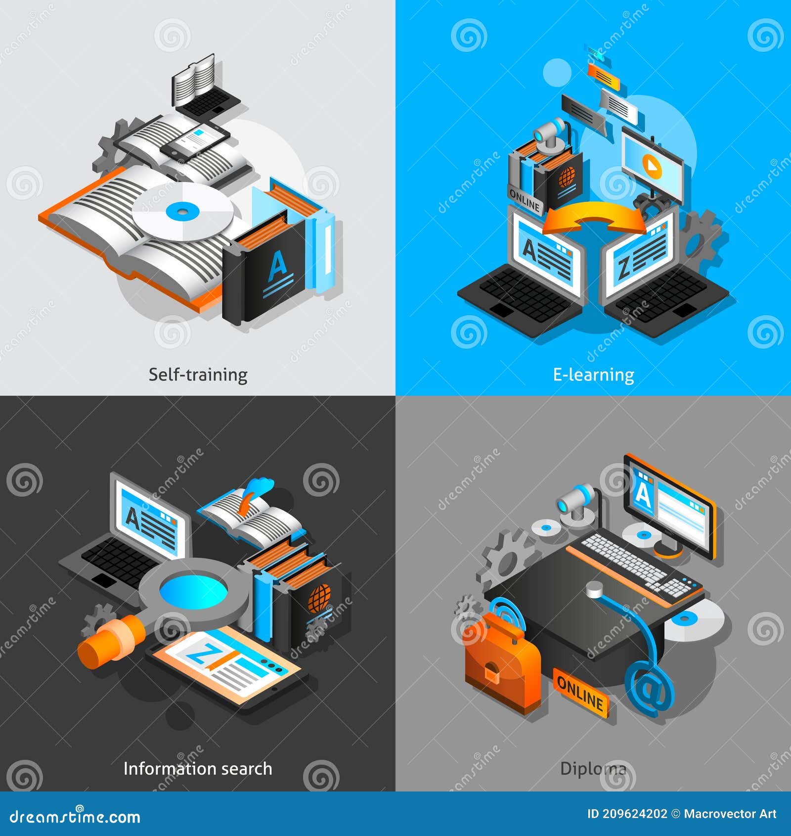 E-learning Isometric Set stock vector. Illustration of laptop - 209624202