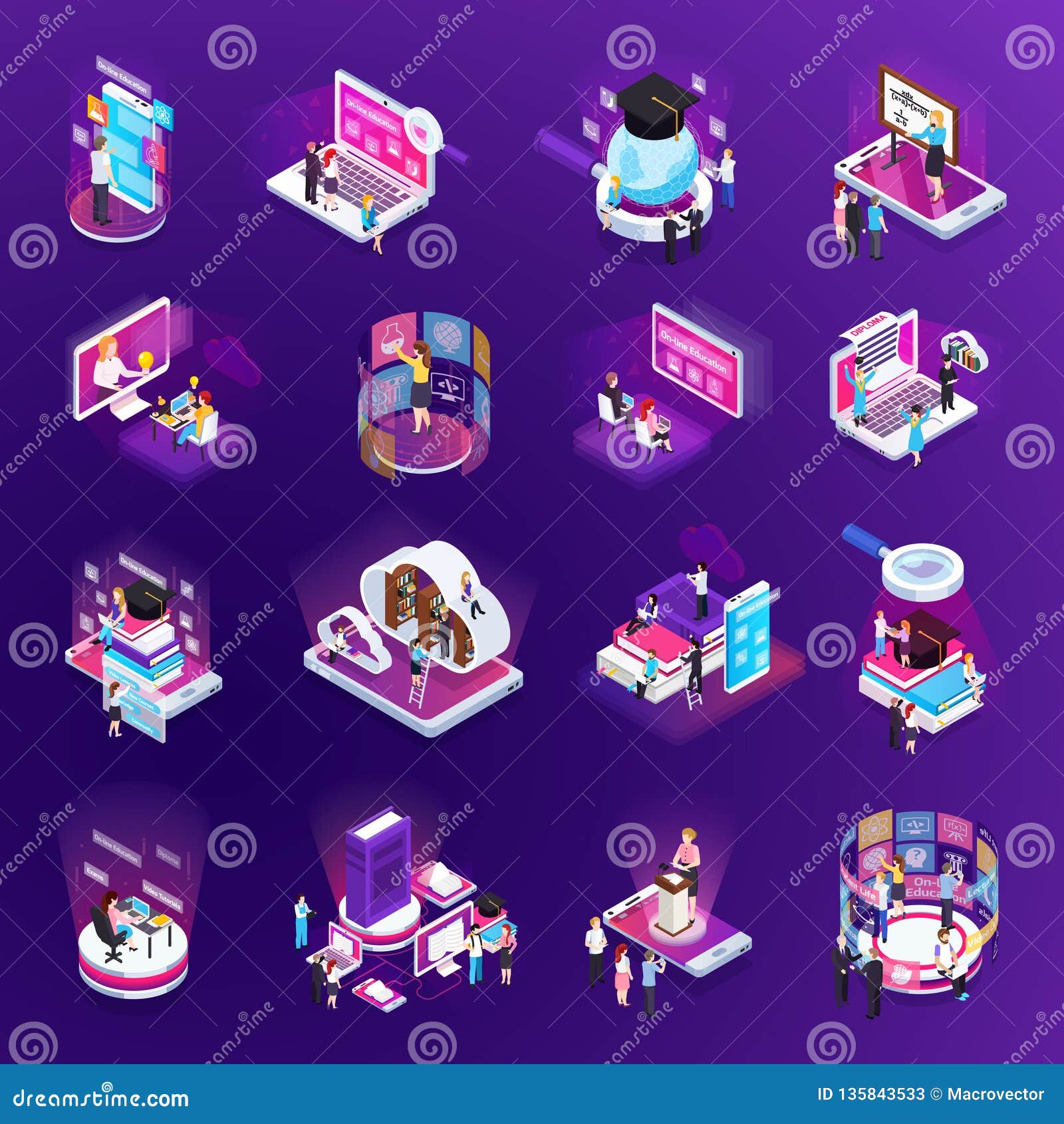 E-learning Isometric Set stock vector. Illustration of community - 135843533