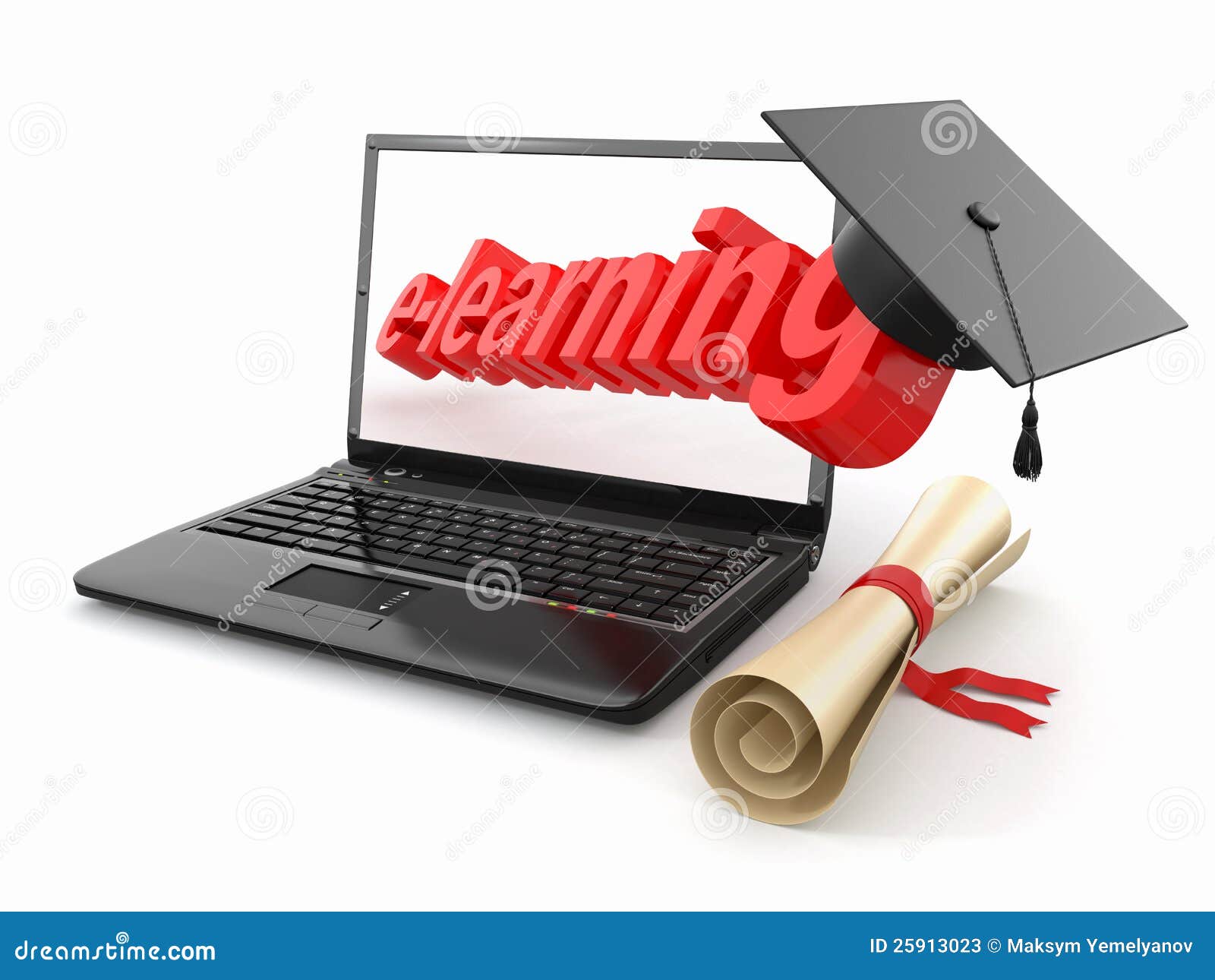E-learning. Laptop, Diploma and Mortar Board Stock Illustration ...