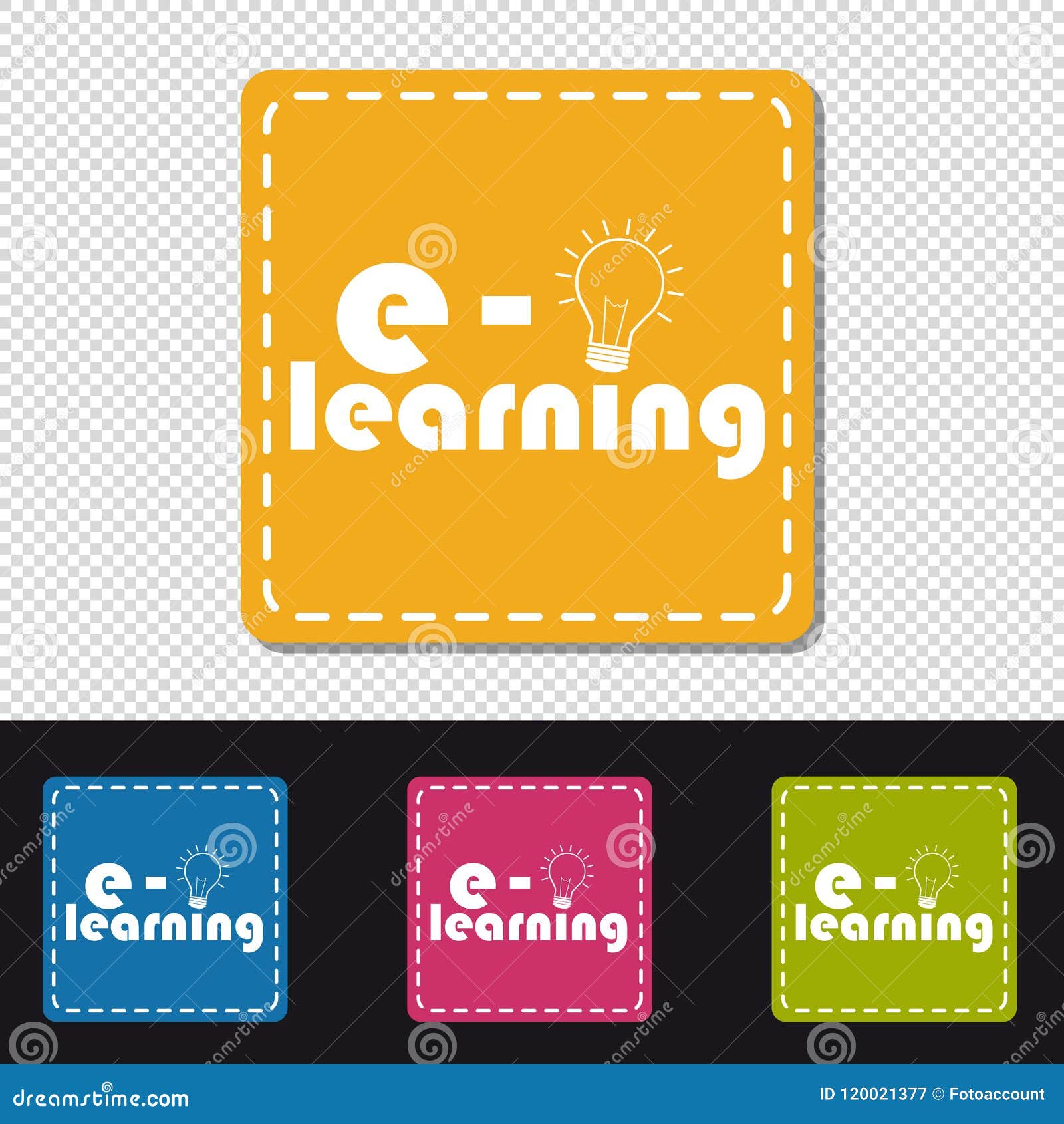 E-Learning and Lightbulb - Four Colorful Square Buttons - Vector ...