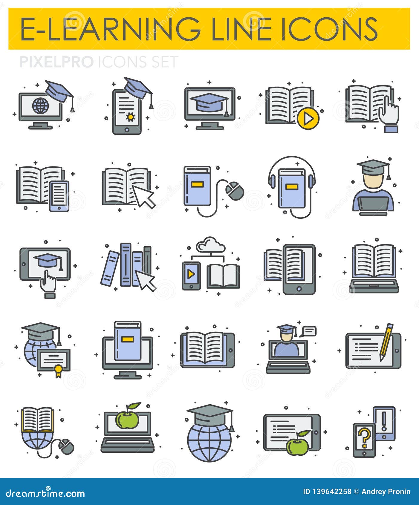 E-Learning Line Icons Set on White Background for Graphic and Web ...