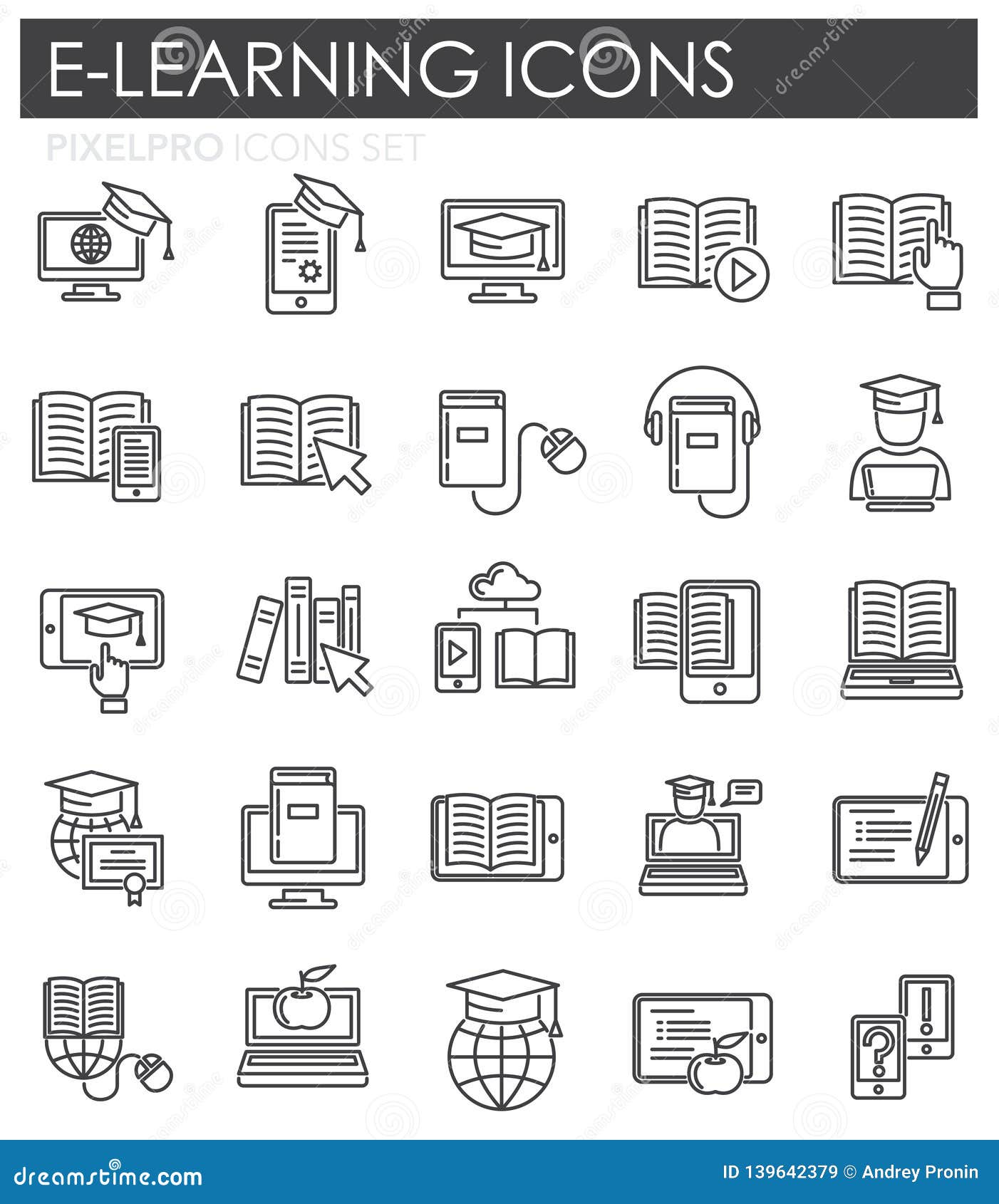 E-Learning Line Icons Set on White Background for Graphic and Web ...