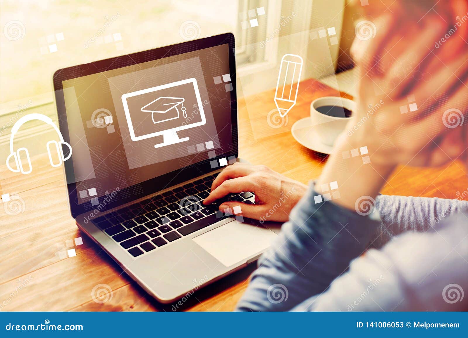 E-Learning with Man Using a Laptop Stock Image - Image of line ...