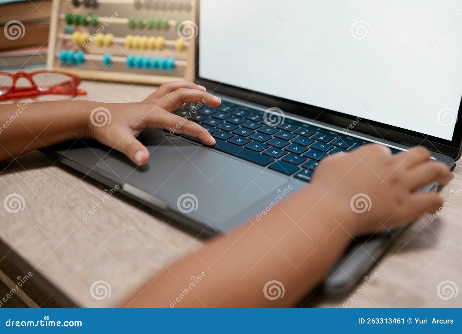 E Learning, Mockup Laptop and Hands of Kid with Digital Tech for Online ...