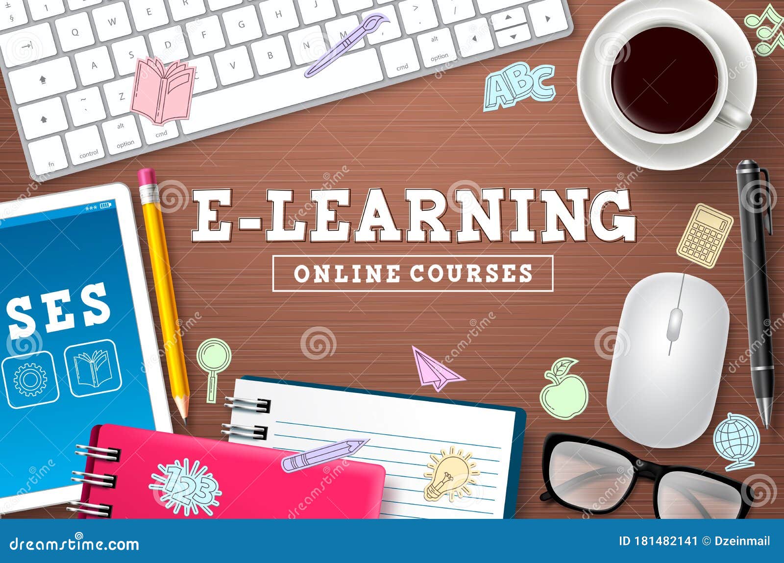 E-learning Online School Vector Background. E-learning Online Courses ...