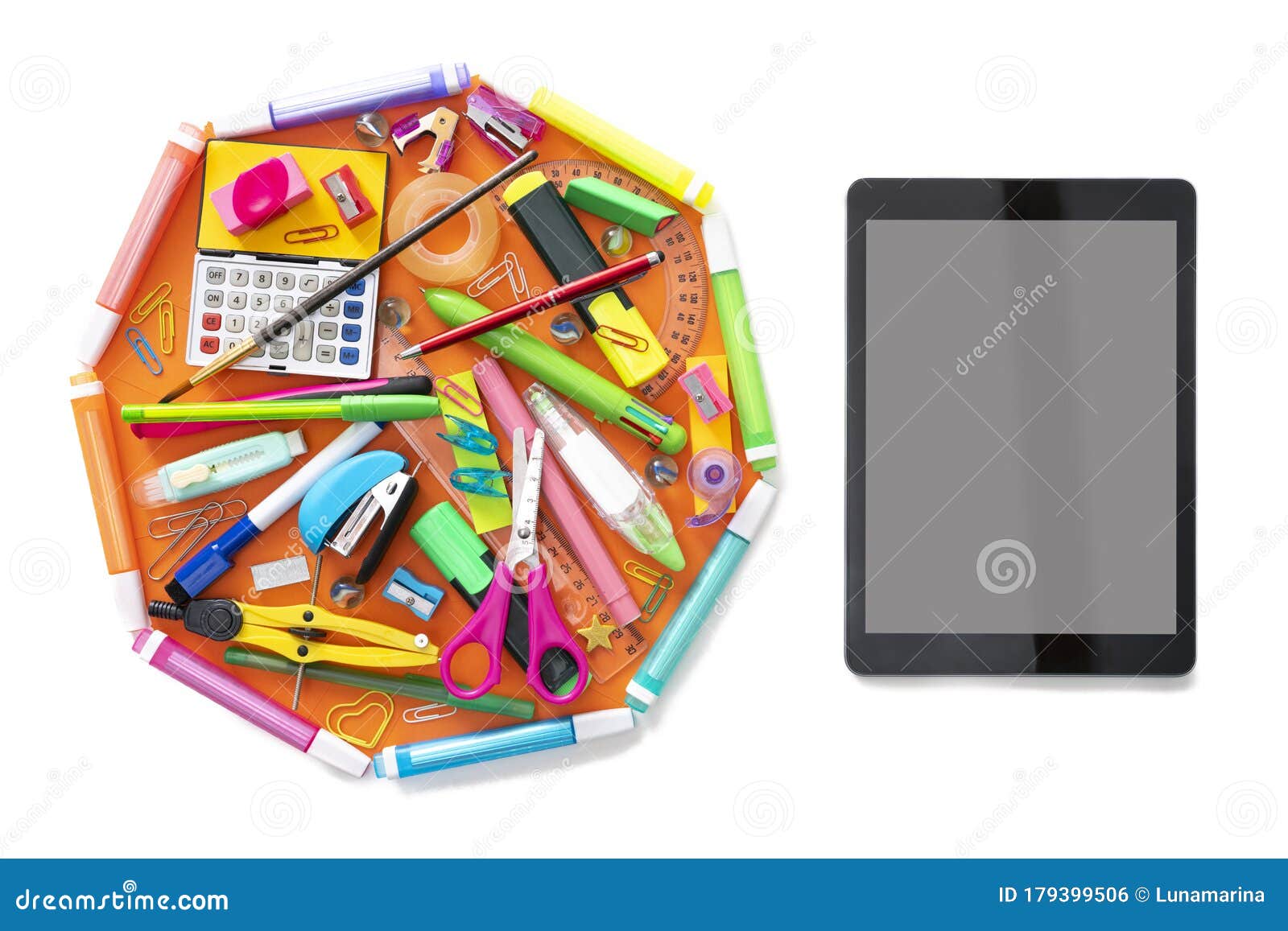E-learning Online Learning with Tablet PC and School Supplies on White ...