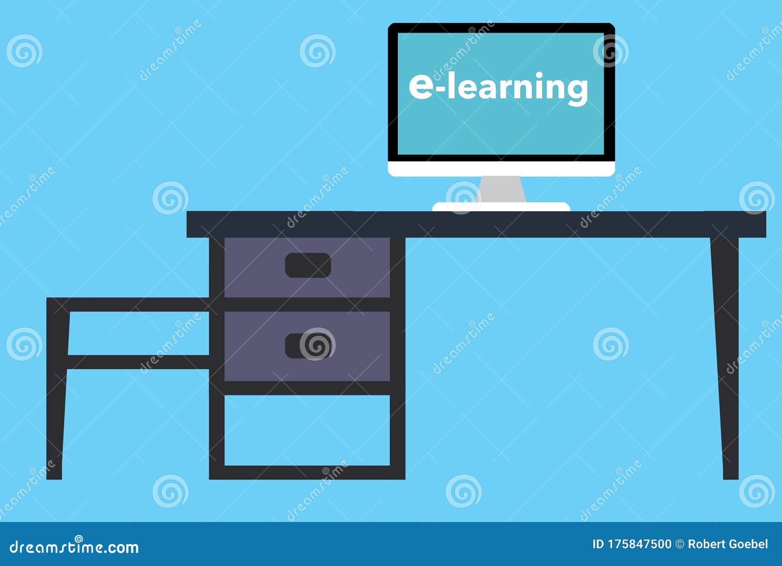 A Desk and Computer with E-learning on the Screen Stock Illustration ...