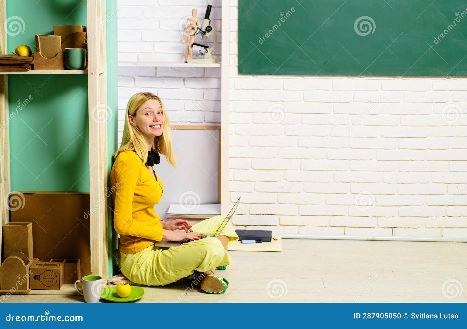 E-learning. Smiling Student Sitting on Floor Preparing for Test or Exam ...