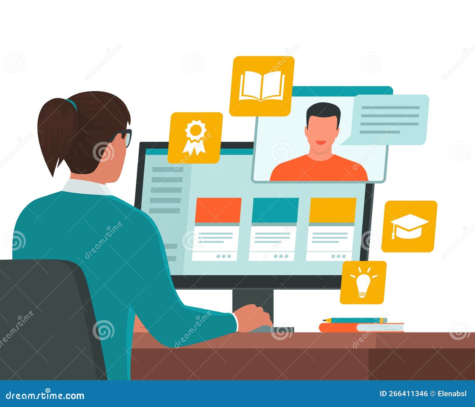E-learning: Student Taking Online Classes on Her Computer Stock Vector ...