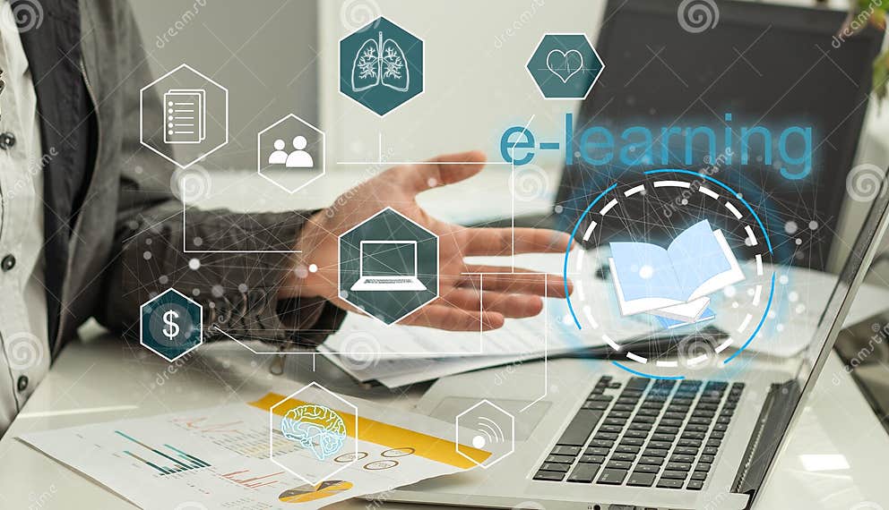 E-Learning Text with Business Woman Using a Tablet Stock Image - Image of gray, internet: 298029327