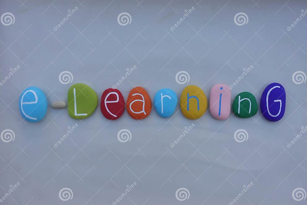 E-learning Text with Colored Stones Over White Sand Stock Photo - Image ...