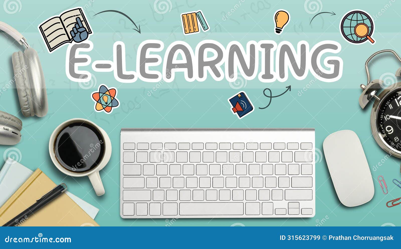 E-learning Text with Headphone, Clock on Blue Background. Online ...