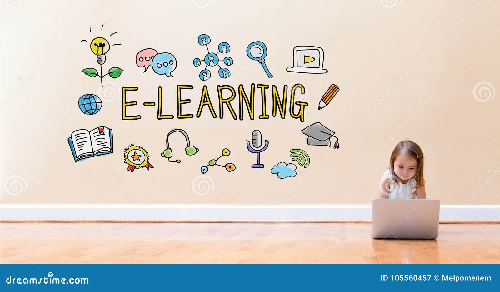 E-Learning Text with Little Girl Using a Laptop Computer Stock Image ...