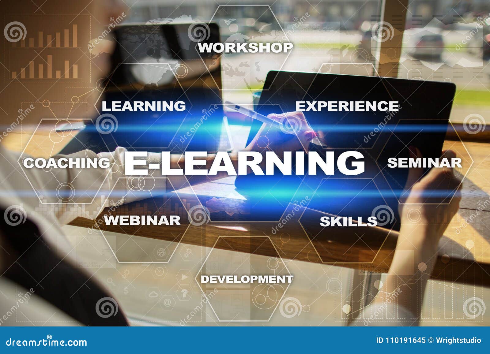 E-Learning on the Virtual Screen. Internet Education Concept. Stock ...