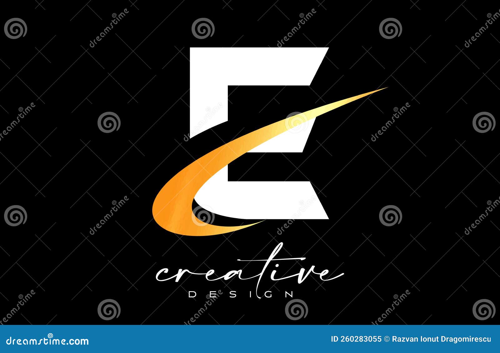 E Letter Logo Design with Creative Golden Swoosh. Letter E Initial Icon ...