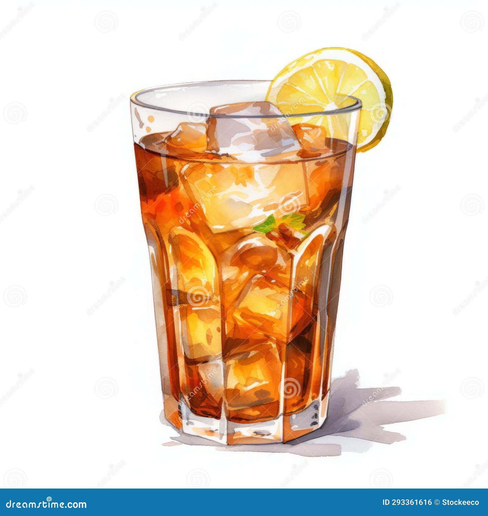 Realistic Watercolor Illustration of Refreshing Iced Tea with Lemon ...