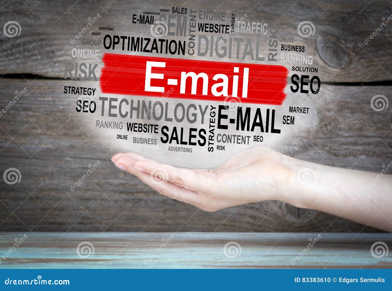 E-mail Concept. Word Cloud in Female Hand Stock Photo - Image of ...