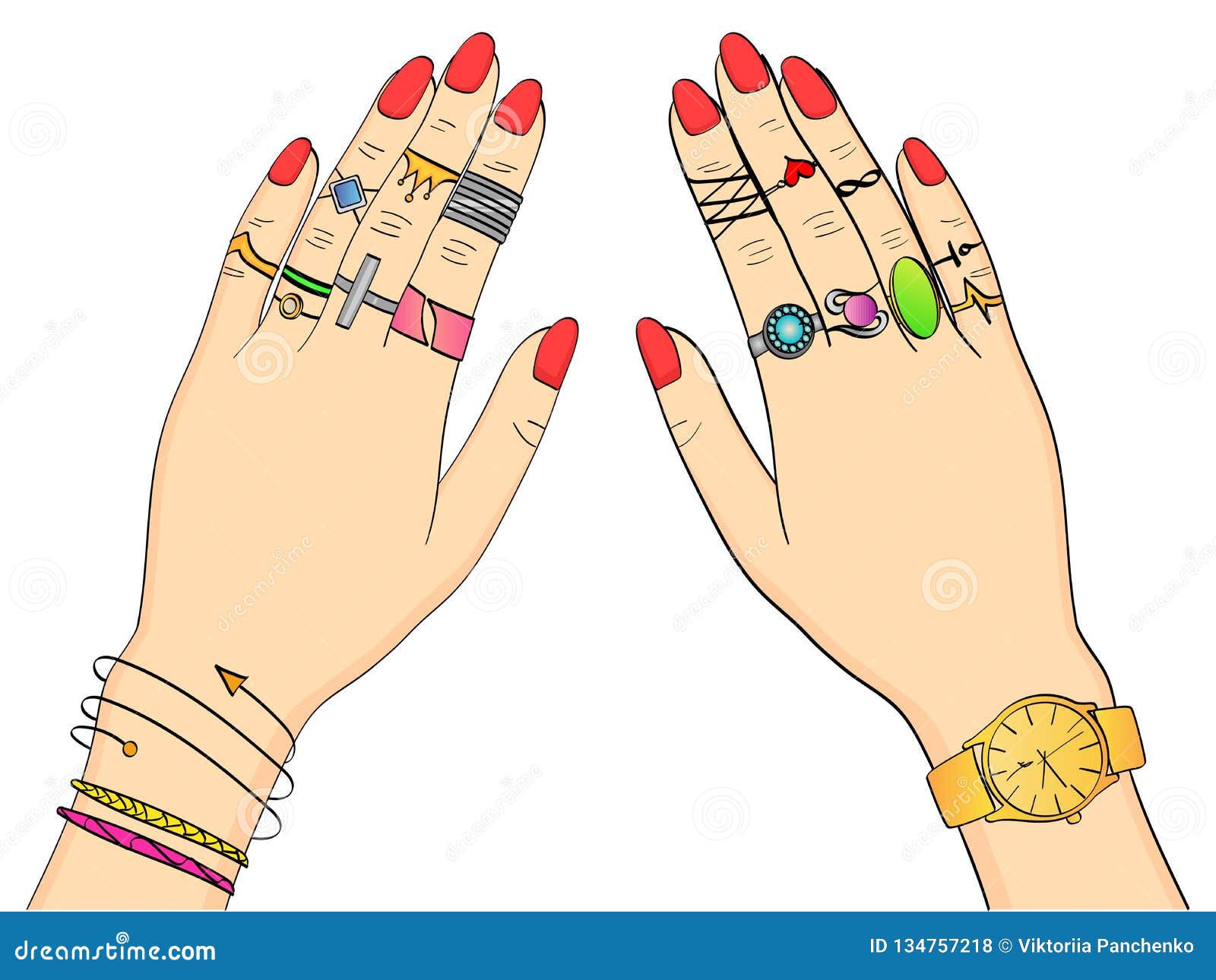 E Mani Delle Donne in Gioielli Di Modo, Anelli, Gioielli Illustrazione ...