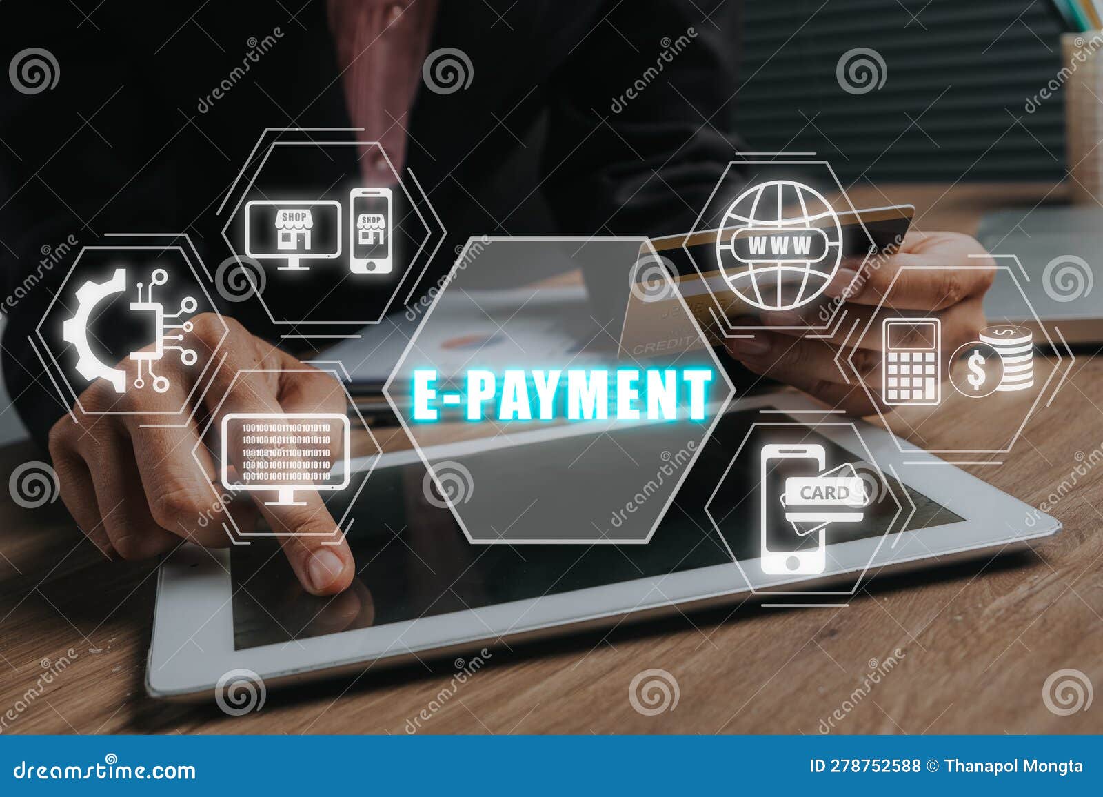 Person Using Tablet and Credit Card with E-Payment Icon on Virtual Screen, Stock Photo - Image ...