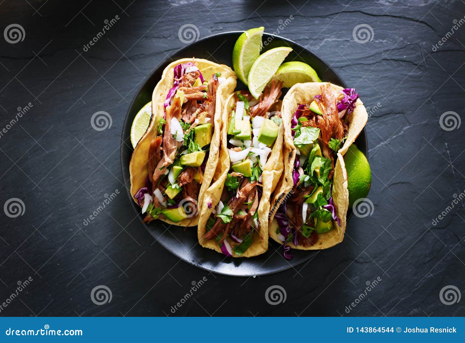 Mexican Street Tacos Flat Lay Composition with Pork Carnitas, Avocado ...