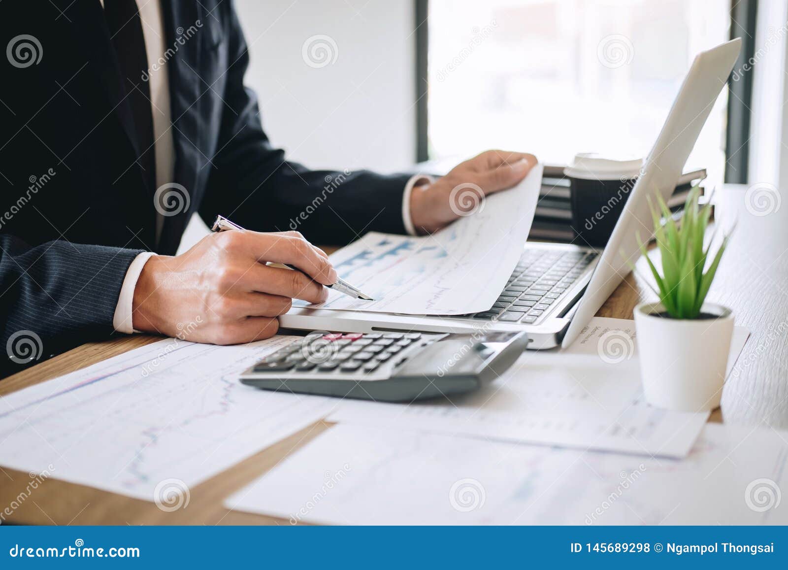 Businessman Accountant Working New Project on Laptop Computer with ...