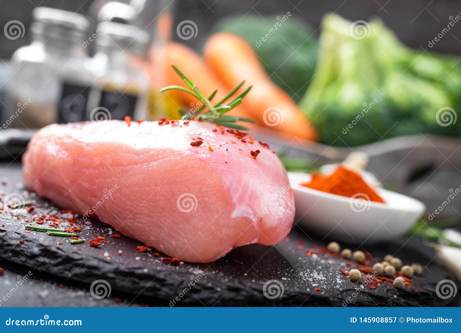 Fresh Raw Turkey Meat Fillet with Ingredients for Cooking on Board ...