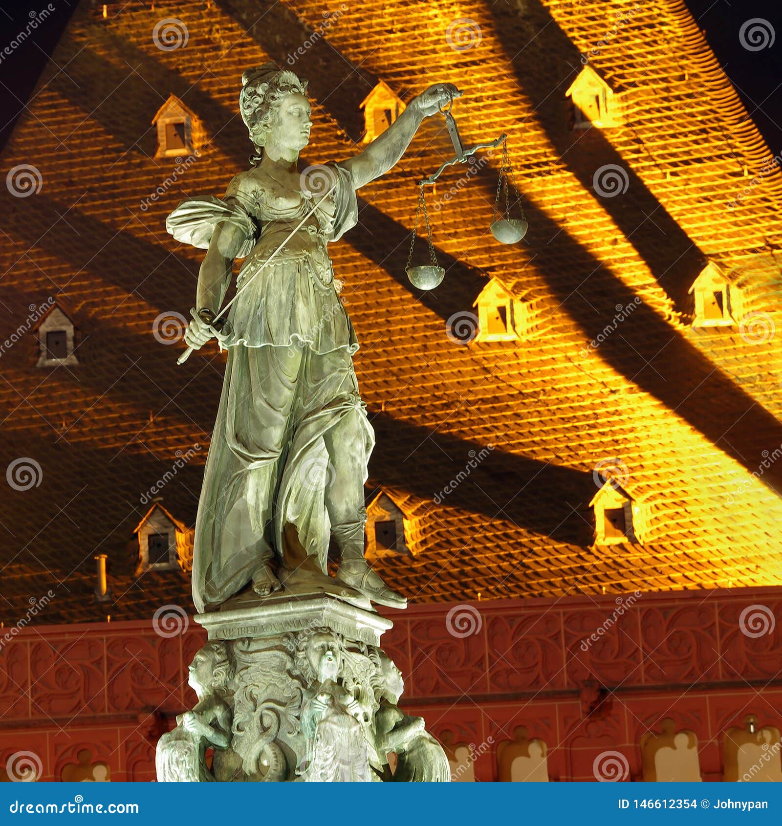 Night Photo of Statue of Lady Justice, Known As the Roman Goddess of ...