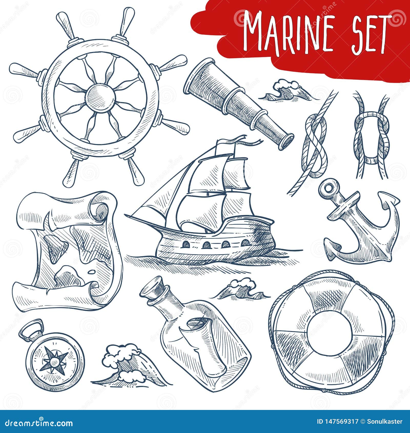 Marine Set Sailing and Ship Voyage Objects Sketches 向量例证 - 插画 包括有 设置 ...