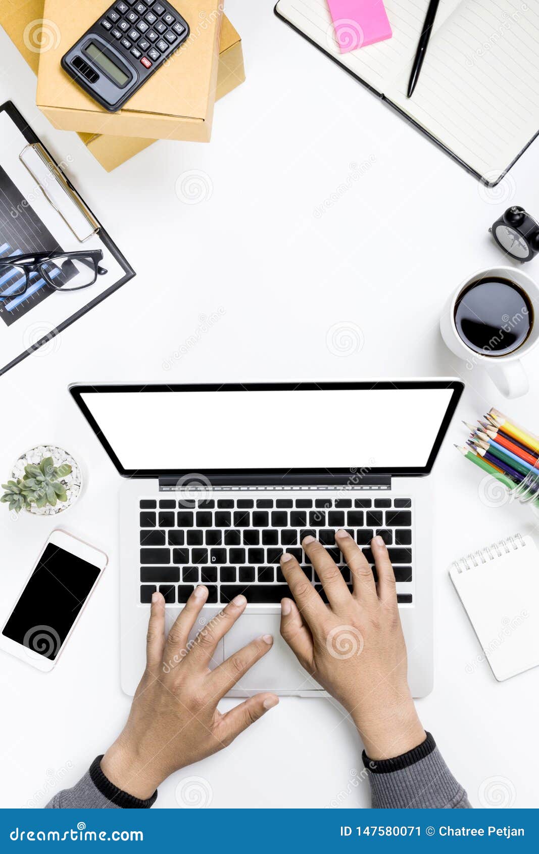 Top View Businessman Working with Modern Workplace with Laptop on White ...