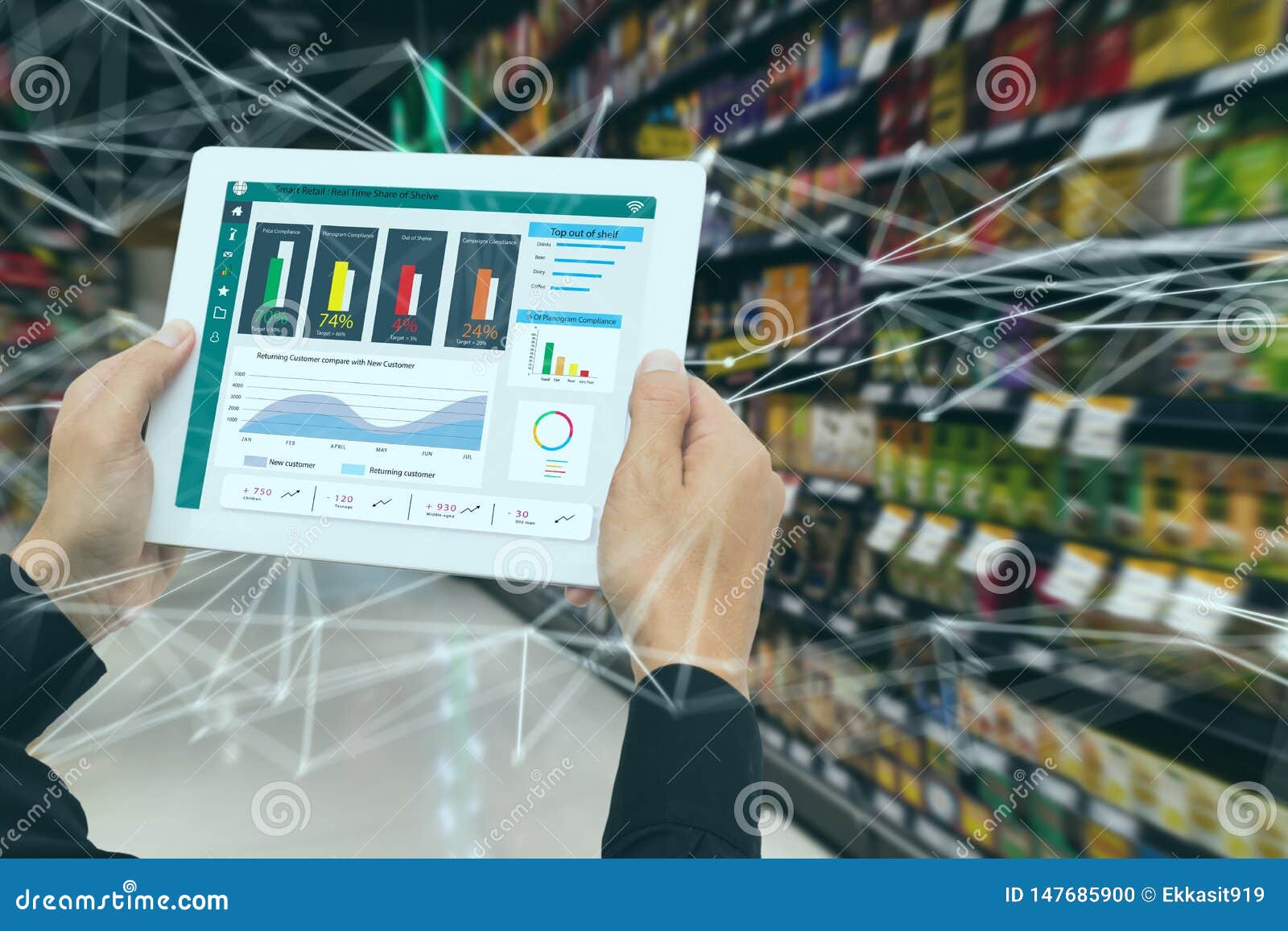 Iot Smart Retail in the Futuristic Concept, the Retailer Hold the Tablet and Use Augmented ...