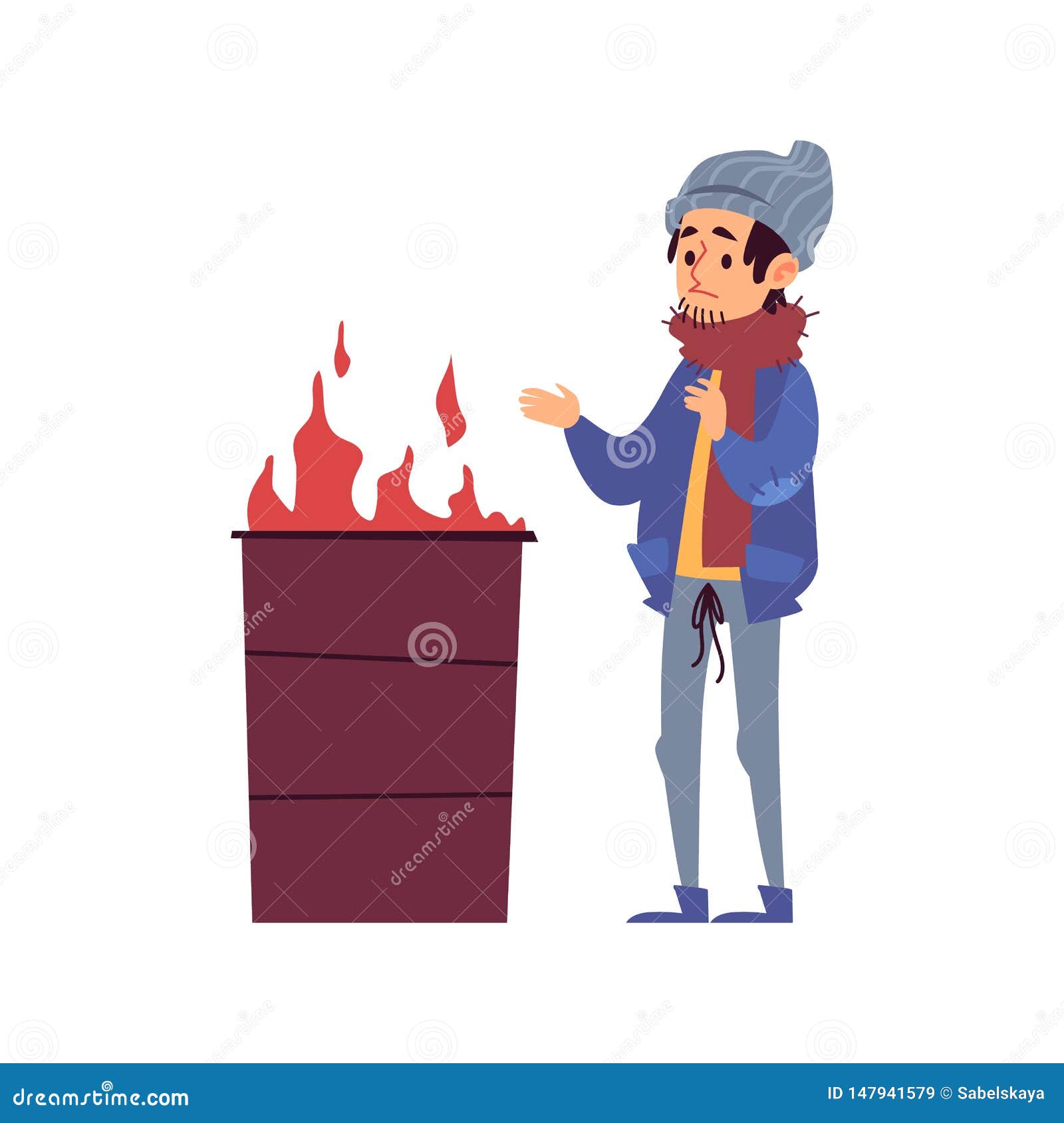 Homeless Man Stands Warming His Hands by Fire Burning in Barrel Cartoon ...