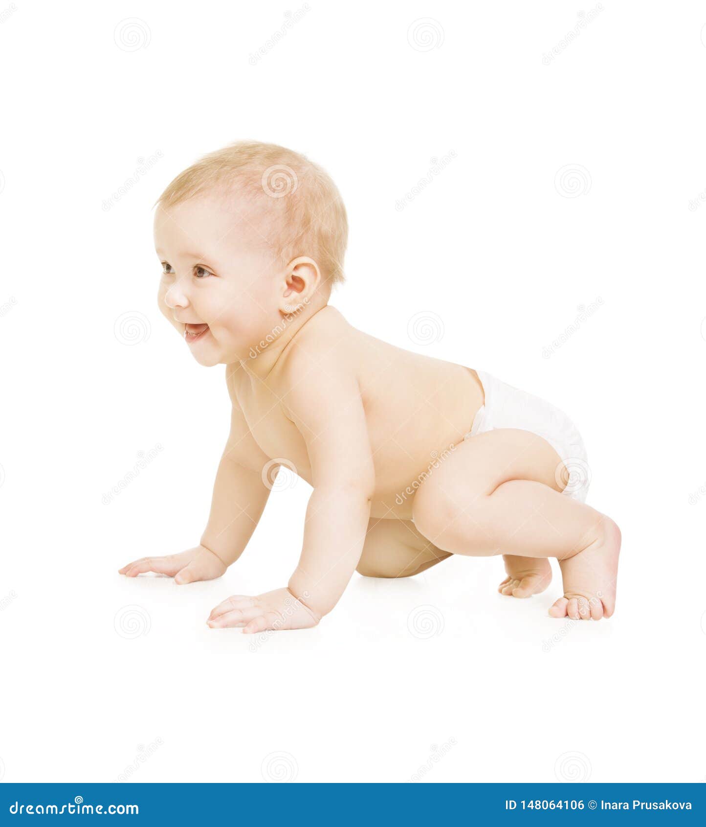 Crawling Baby, Infant Kid Crawl on White, Happy Three Months Old Child ...