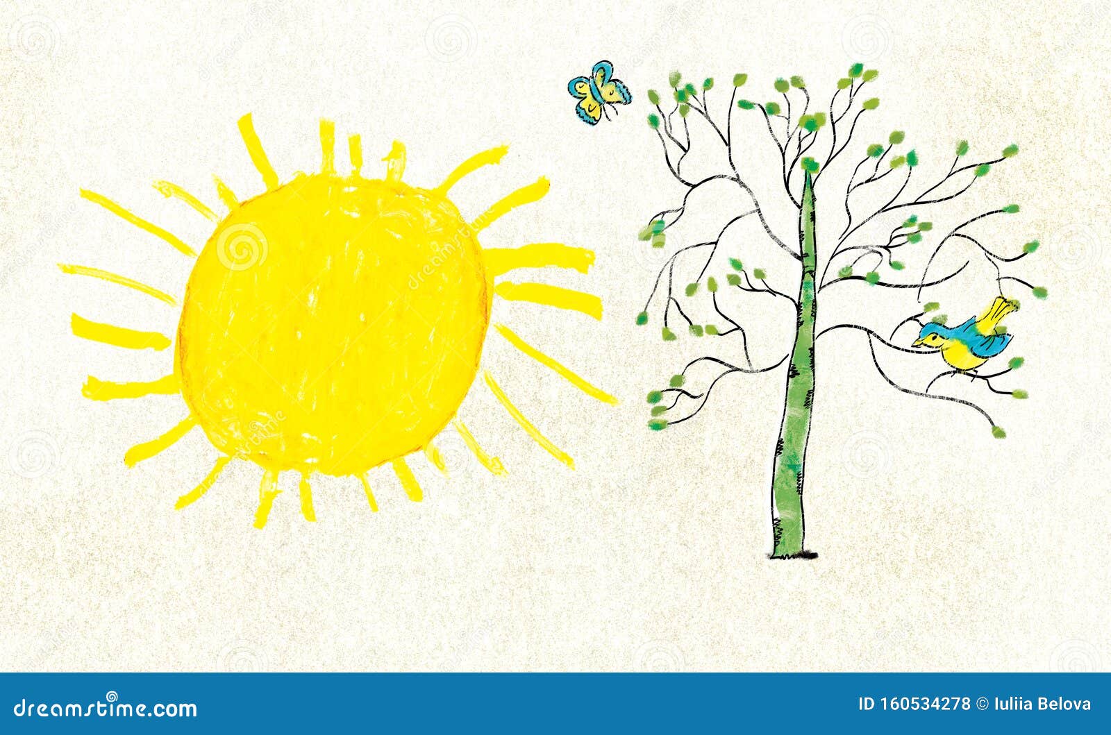 Sun and Tree with Leaves, a Bird and a Butterfly on a Textural ...