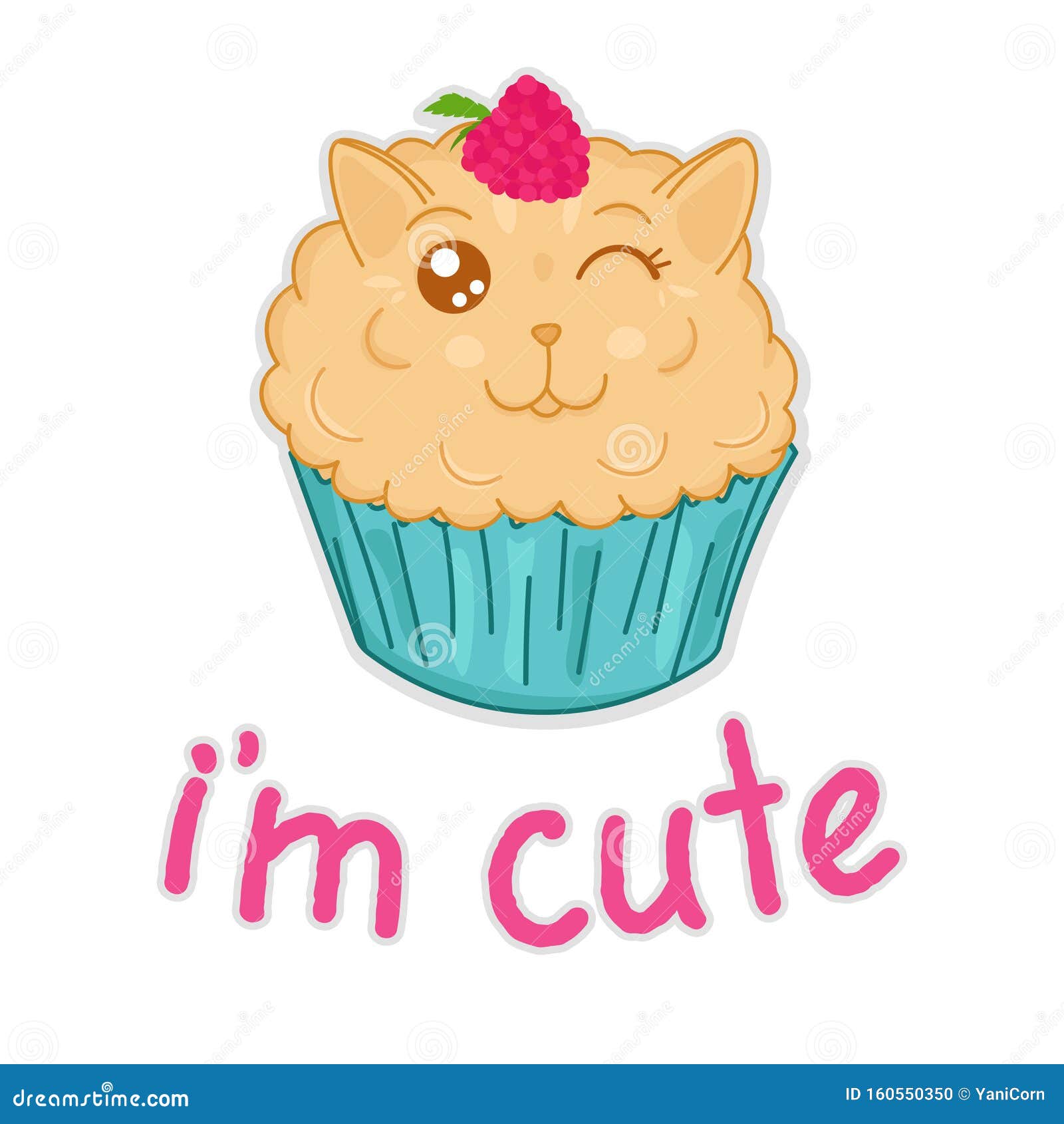 Kawaii Sweet Muffin Cat with Raspberry Isolated, Cute Cartoon Funny ...