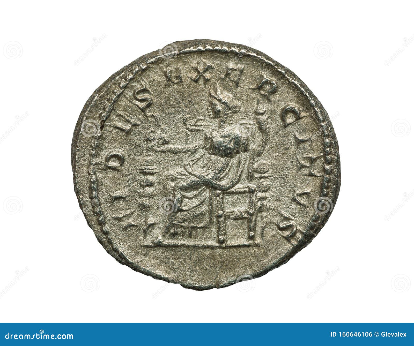 Ancient Roman Silver Coin with Figure of Seated Person Isolated on ...