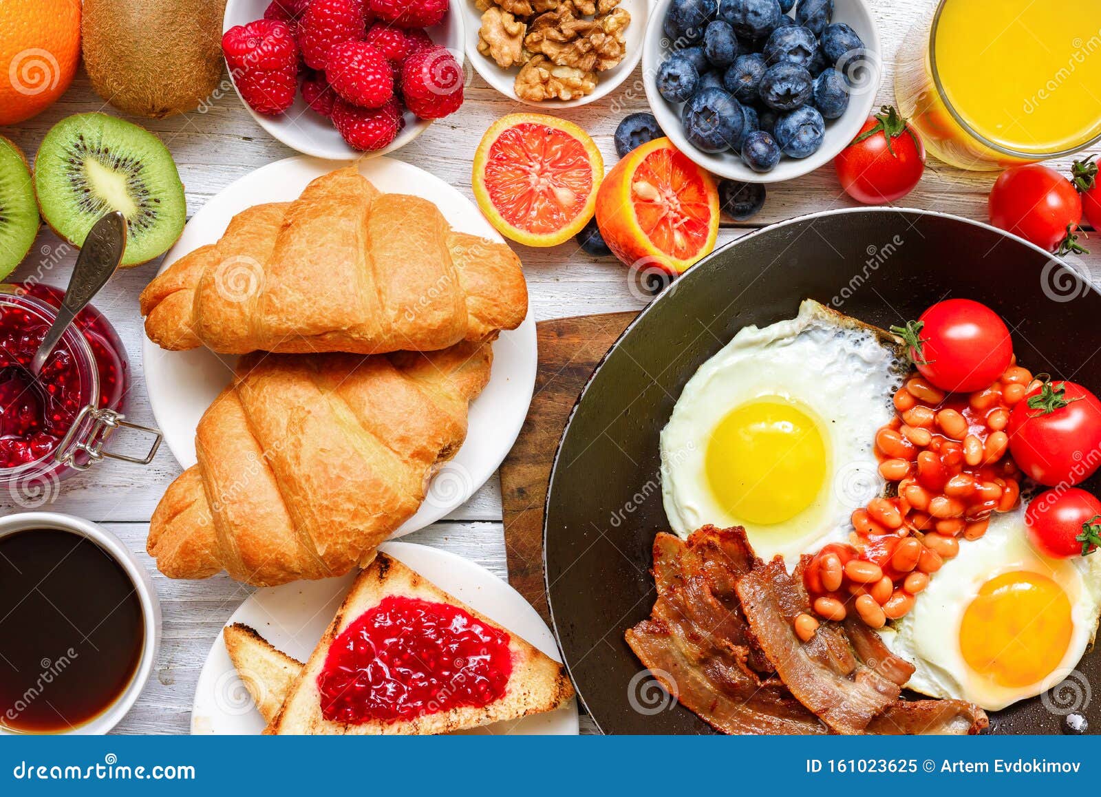 Breakfast Buffet Full Continental with Fried Eggs, Bacon, Fruits, Toast ...