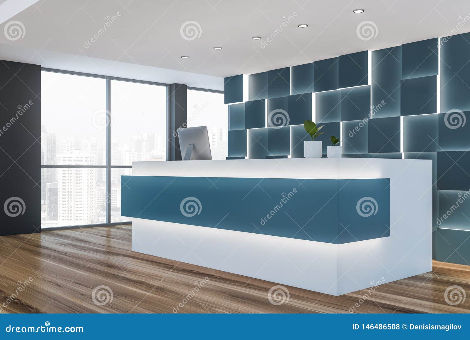 Side View of Blue Reception Desk in Blue Office 库存例证 - 插画 包括有 方便, 公司 ...