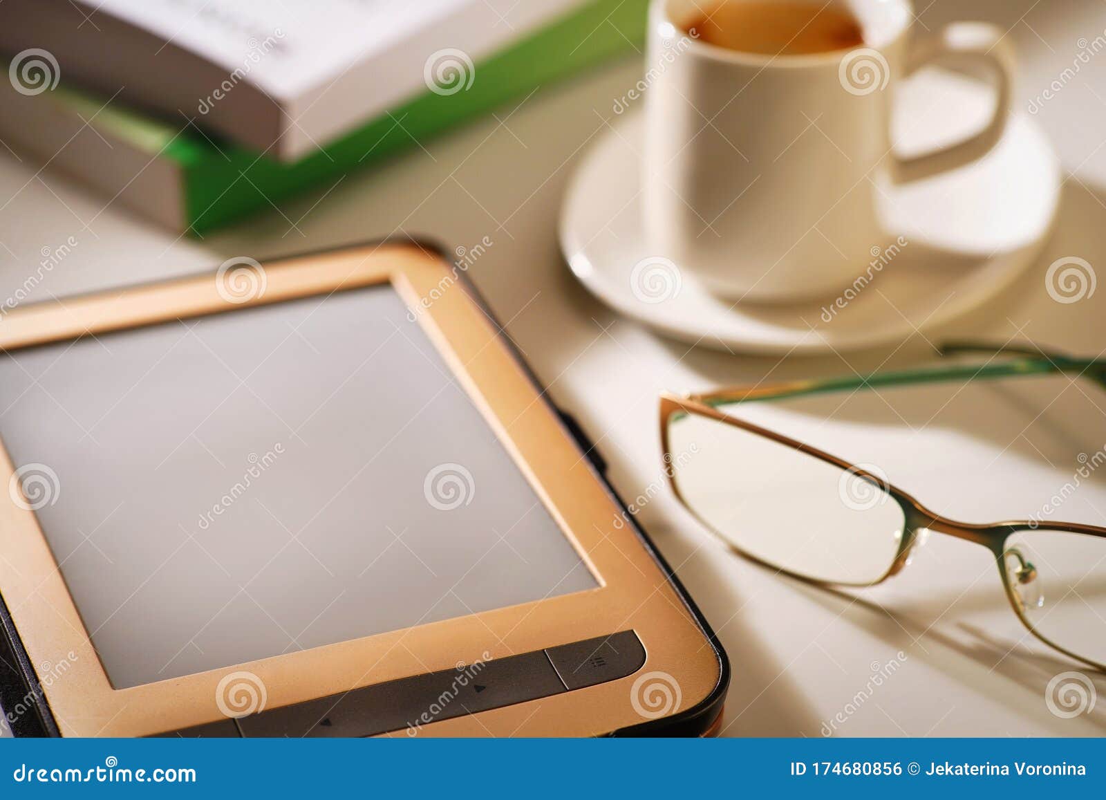 E-reader with Cup of Coffee and Glasses Stock Photo - Image of library ...