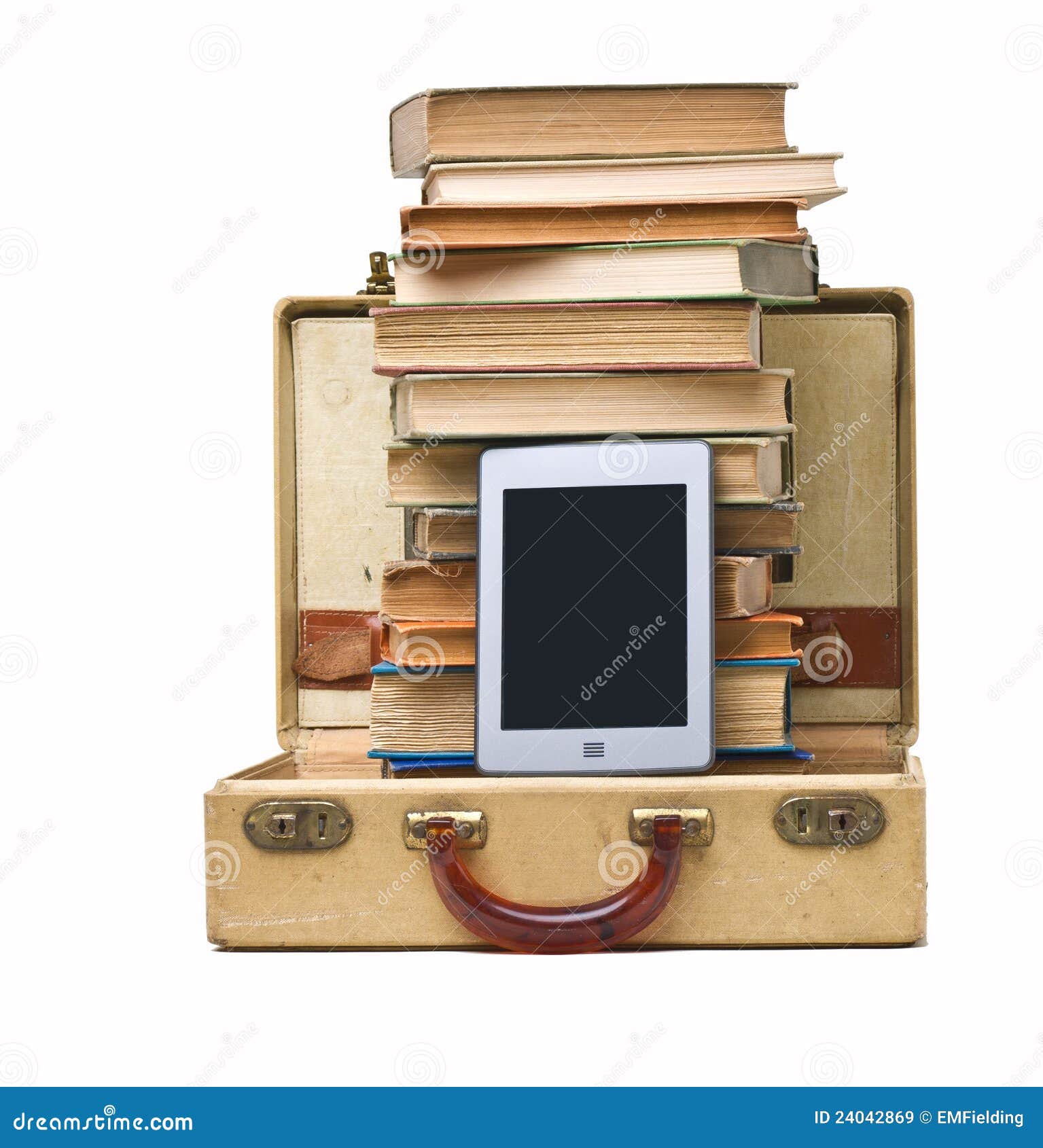 E-Reader, Stack of Books, Suitcase Stock Image - Image of vacation ...